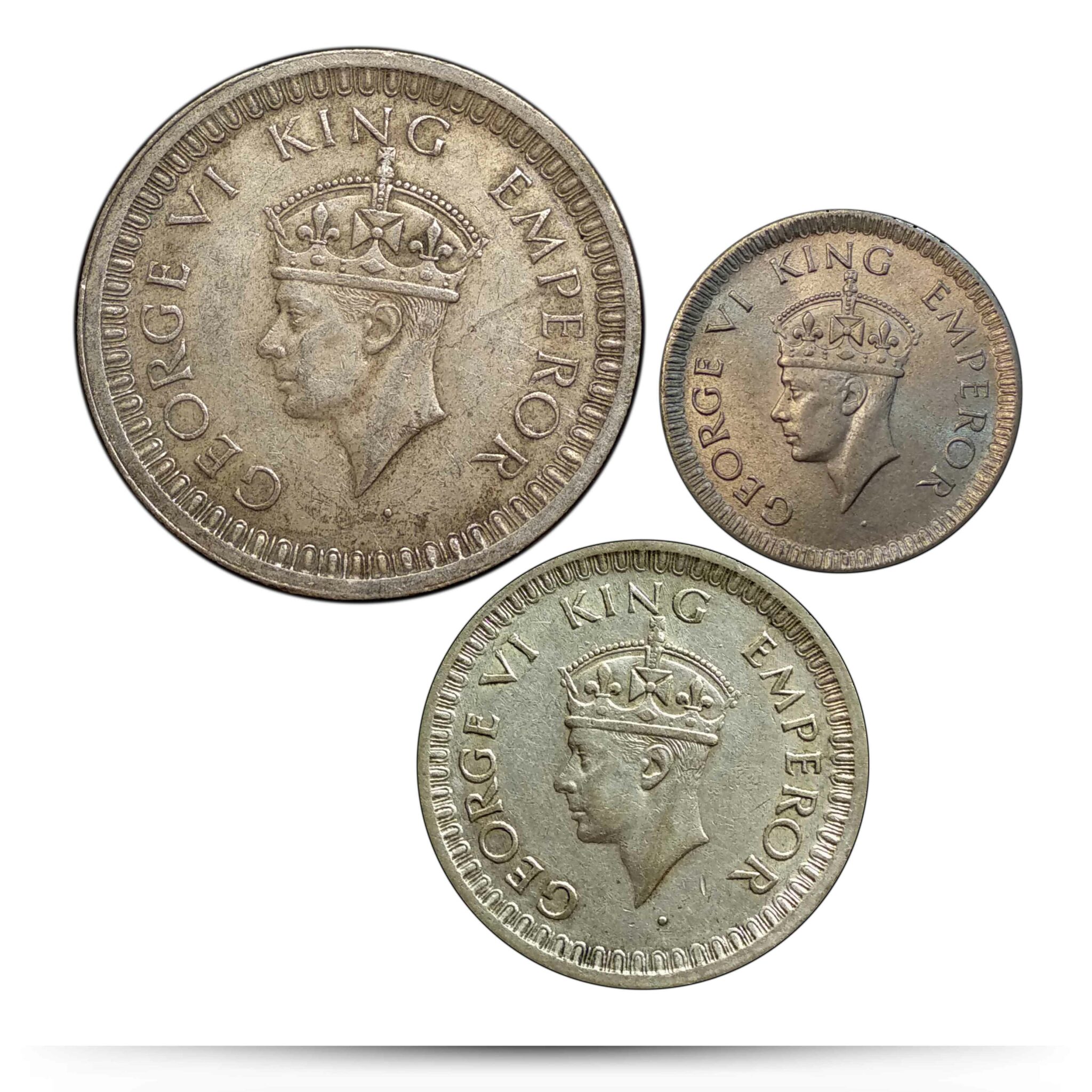 Set of 3 George VI King Emperor Silver old coins - Coiniacs