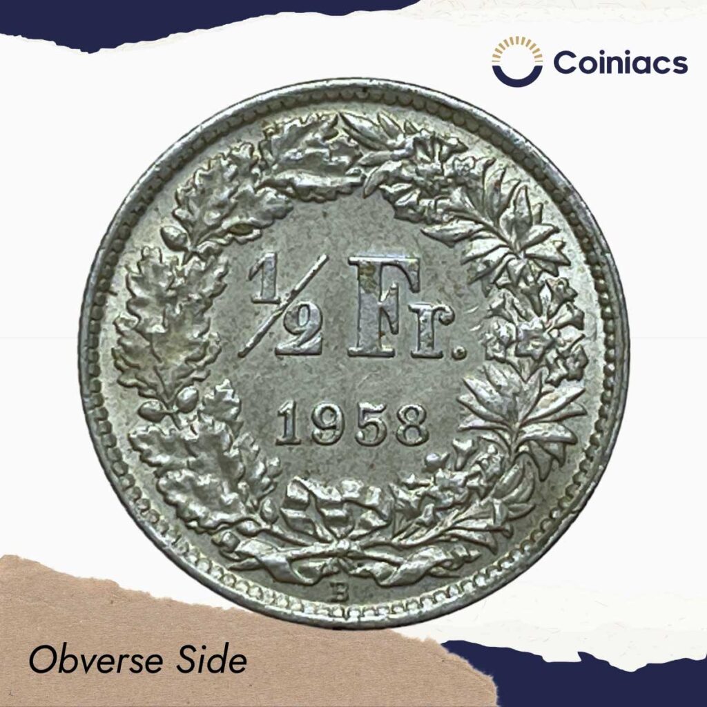 1/2 Franc (Helvetia standing) 1958 CE Bern Mint Silver Coin ...