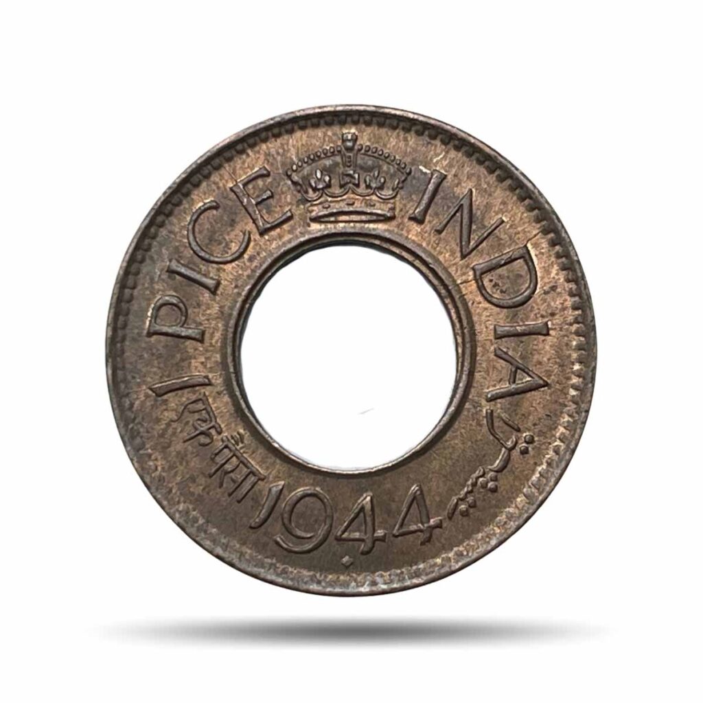UNC 1 Pice (Hole Pice) George VI King Emperor 1944 Bombay Mint Bronze ...
